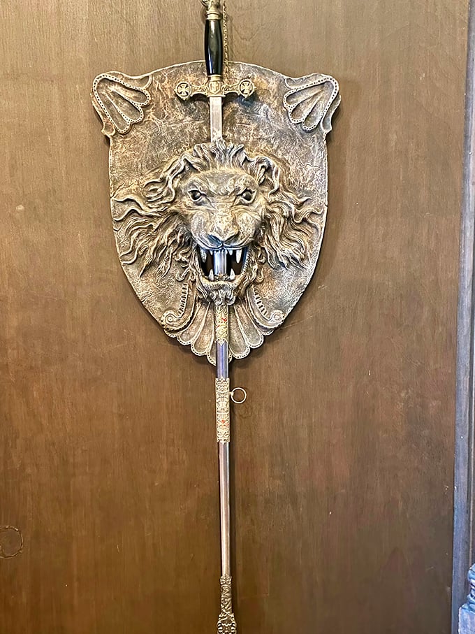 This ornate lion shield and sword display captures the Knights of Pythias spirit&mdash;friendship, charity, and benevolence with a dash of medieval flair. 