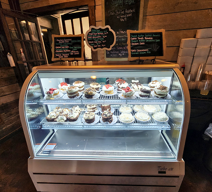 The dessert case that whispers sweet nothings to your willpower. Resistance is futile when cream and chocolate join forces.