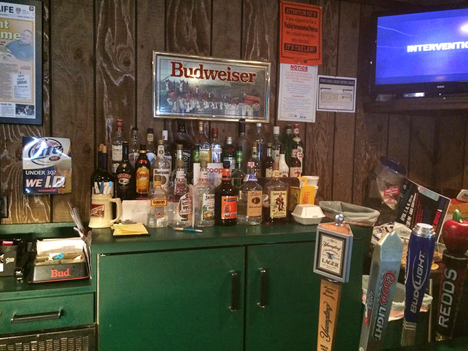 The bar setup isn't trying to impress with exotic spirits &ndash; it's stocked with exactly what you want for washing down that legendary cheesesteak.