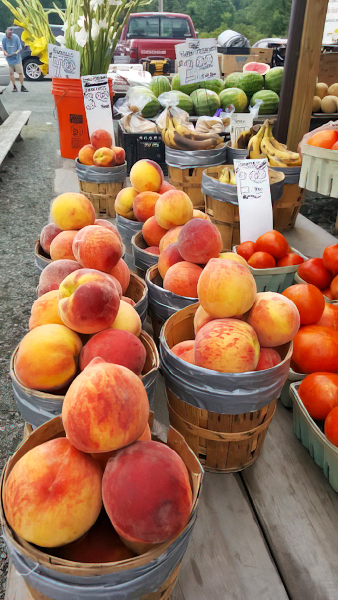 Summer's bounty displayed in rustic baskets &ndash; Pennsylvania peaches so perfect they make grocery store produce look like sad imitations.