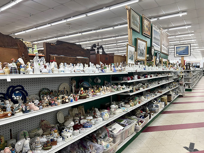 Porcelain figurines stand in formation like a tiny army of knickknacks. One person's dust-collector is another's treasure &ndash; or perfect white elephant gift.