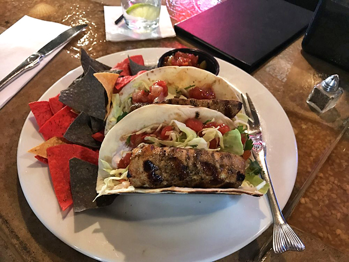 Fish tacos that bring beach vibes to Pennsylvania, with colorful chips that add a festive crunch to the proceedings.