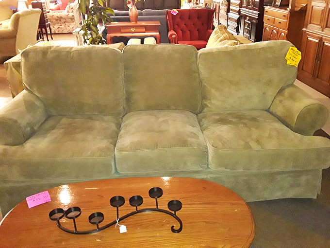 This sage green sofa has "afternoon nap" written all over it. Add that candelabra coffee table, and you've got instant living room transformation.