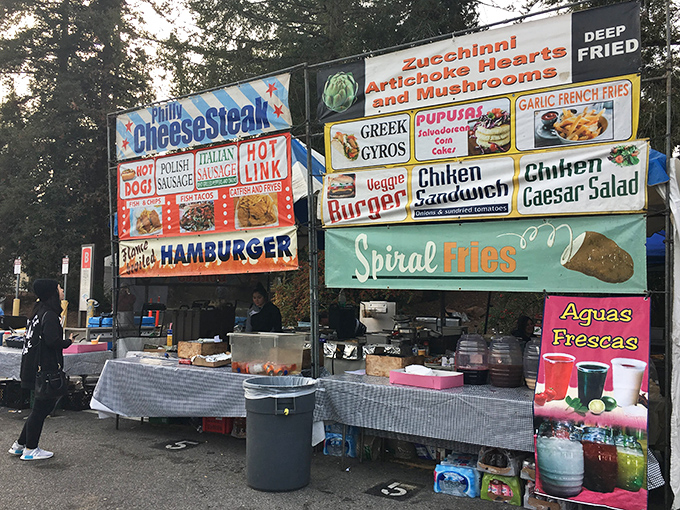 The food court's sizzling offerings range from Philly cheesesteaks to spiral fries. Flea market rule #1: Shopping burns calories that must be immediately replaced.