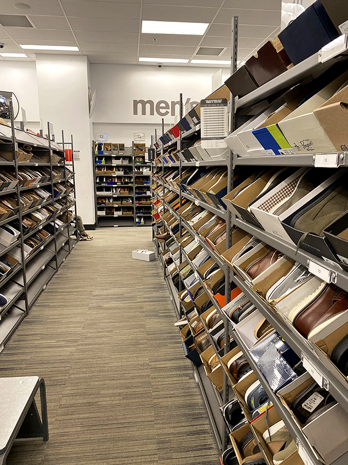 An entire shoe department awaits, organized with military precision for maximum treasure-hunting efficiency.
