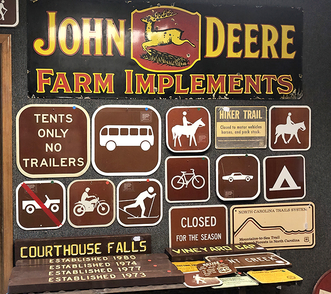 John Deere signs share wall space with park regulations&mdash;proof that both farming and recreation have deep roots in Carolina soil.