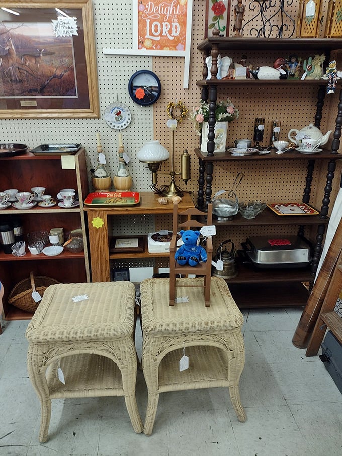 A curated corner of domestic history. Vintage lamps illuminate treasures from yesteryear, creating vignettes that feel like stepping into your stylish great-aunt's living room.