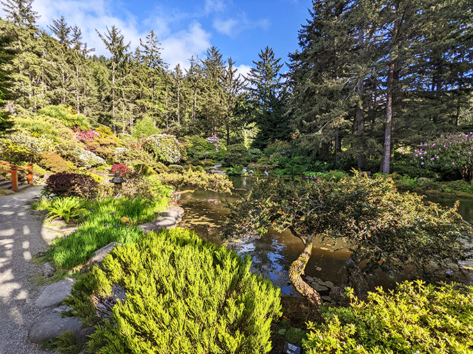 This garden path whispers promises of tranquility. Like stepping into a living watercolor painting where stress simply isn't allowed entry.