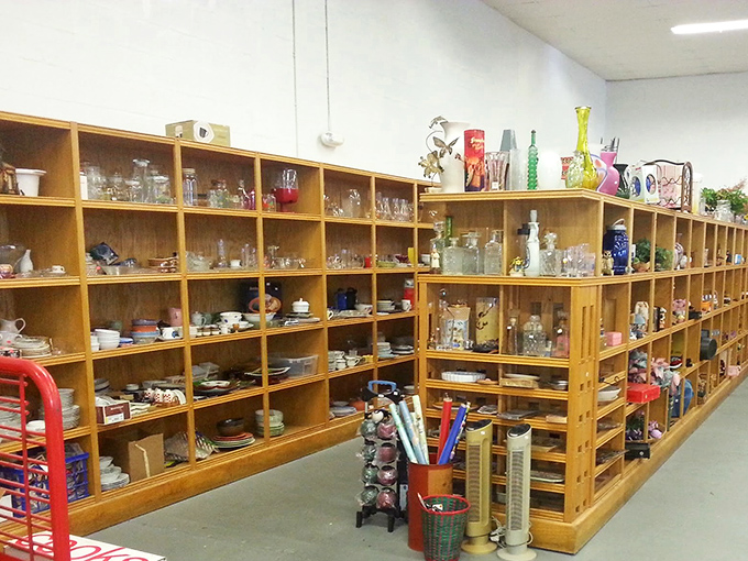 Glassware and dishes organized with museum-like precision. Someone's former entertaining essentials await your next dinner party at a fraction of retail cost.