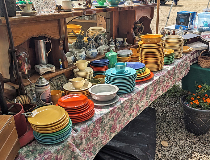 Fiestaware heaven! These rainbow-stacked dishes aren't just kitchenware&mdash;they're conversation pieces waiting to brighten someone's dinner table and memories.