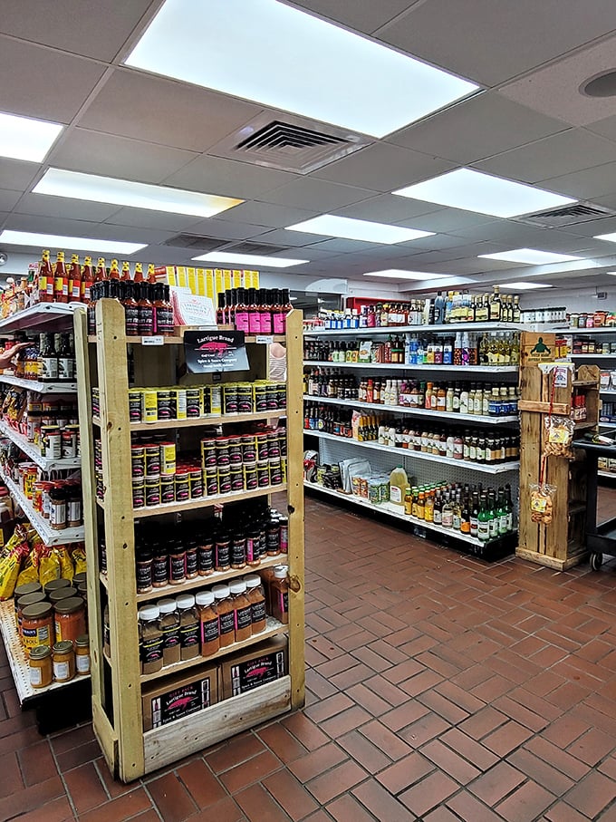 International ingredients line wooden shelves&mdash;because if you're going to cook amazing seafood, you deserve amazing accompaniments.