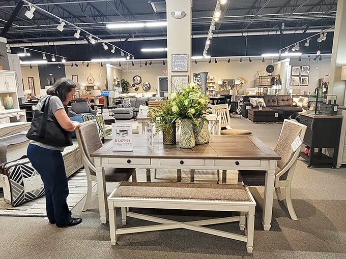 The furniture department showcases farmhouse chic with dining sets that could host anything from Thanksgiving dinner to Tuesday night homework sessions.