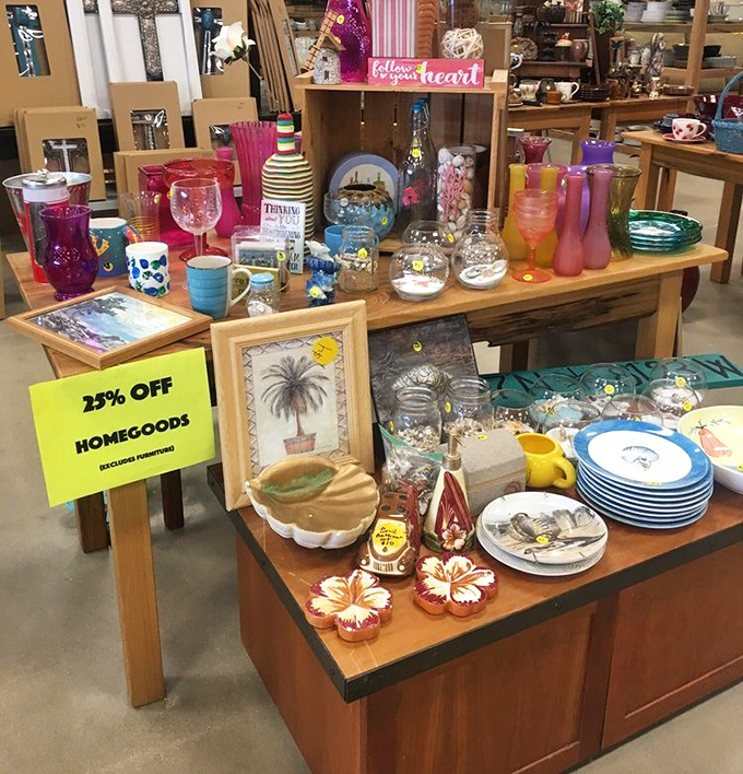 Colorful glassware, whimsical decor, and tropical-themed dishes create a homegoods section that's part treasure hunt, part time machine.