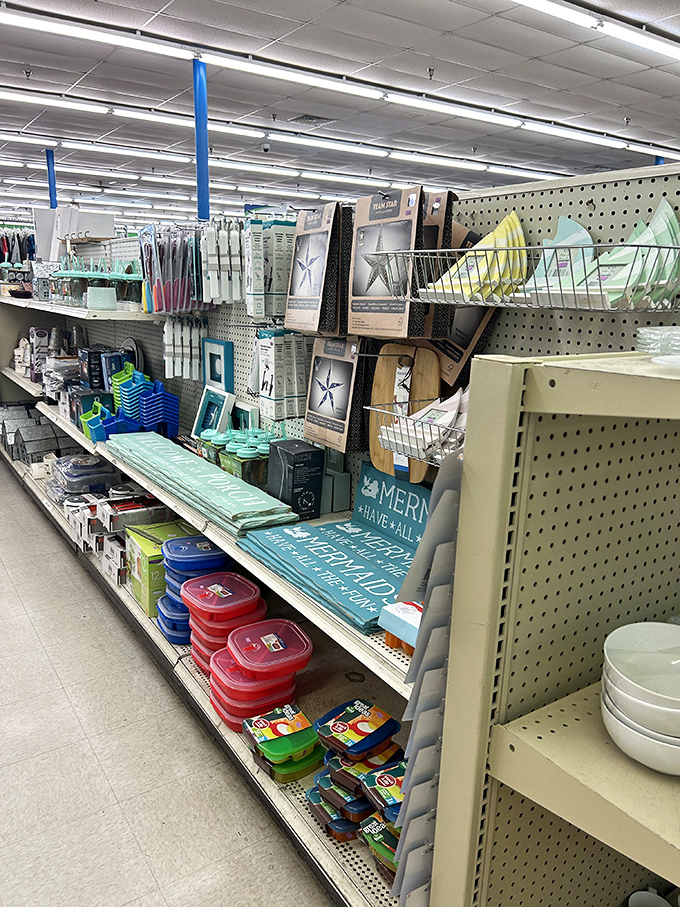 Coastal d&eacute;cor meets practical storage solutions in this aisle where mermaids and mason jars coexist in affordable harmony.