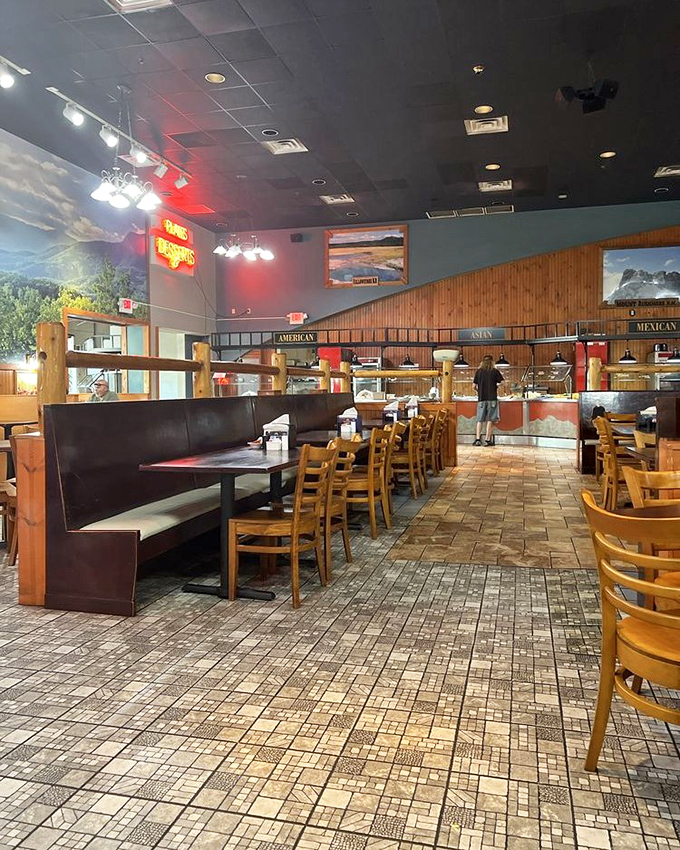 The buffet stations await like culinary islands in a sea of hunger. Chart your course wisely, brave explorer.