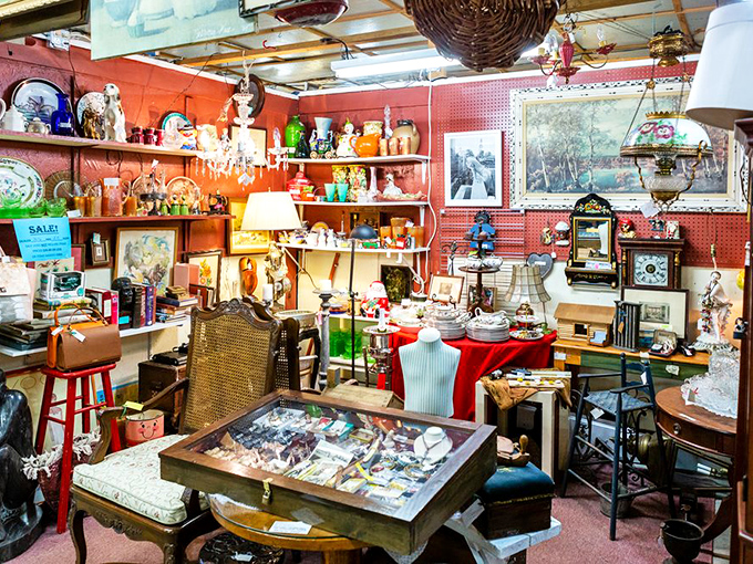 This vendor booth isn't cluttered&mdash;it's curated chaos where every lamp, frame, and knickknack tells a story waiting for a new listener.