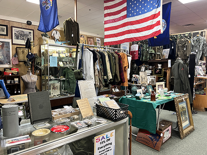 The military memorabilia section stands at attention, preserving the uniforms and artifacts that tell our nation's complex story.