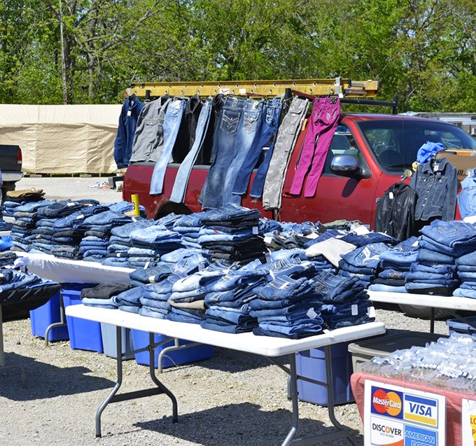 Denim heaven stretches across tables and hangs from improvised racks &ndash; a blue jean buffet where finding your perfect fit feels like winning the lottery.
