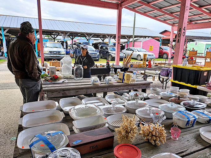 The art of negotiation plays out over vintage kitchenware, where Pyrex dishes and ceramic treasures await second chances in new homes.