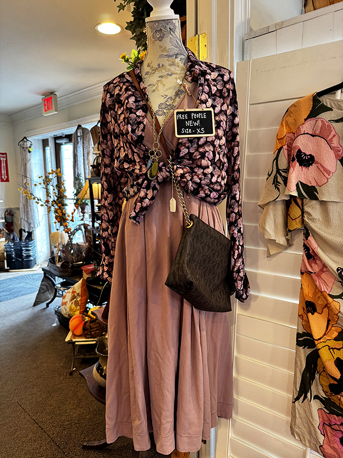 High fashion at thrift store prices. This mannequin looks ready for a garden party or stylish brunch!