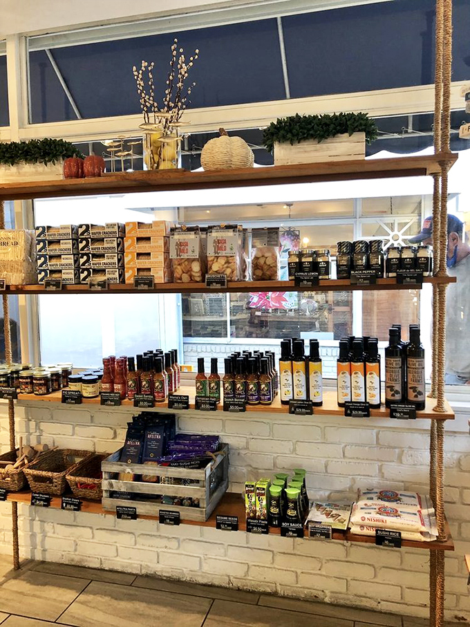A treasure trove of marinades, sauces, and seasonings. These shelves hold the secret weapons for elevating your home-cooked seafood game.
