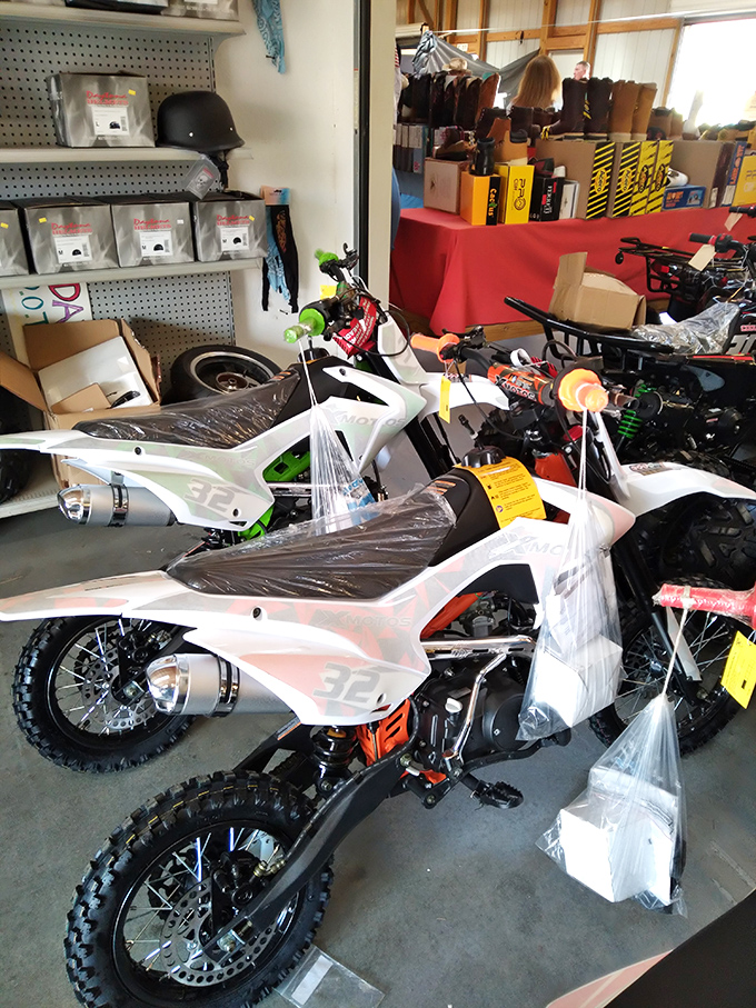 Miniature speed demons lined up like candy! These dirt bikes promise backyard adventures that'll have the neighbors wondering what all the fun's about.