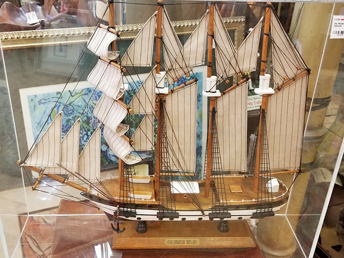 Maritime craftsmanship in miniature form. This model ship sailed through time rather than oceans to reach this display case.