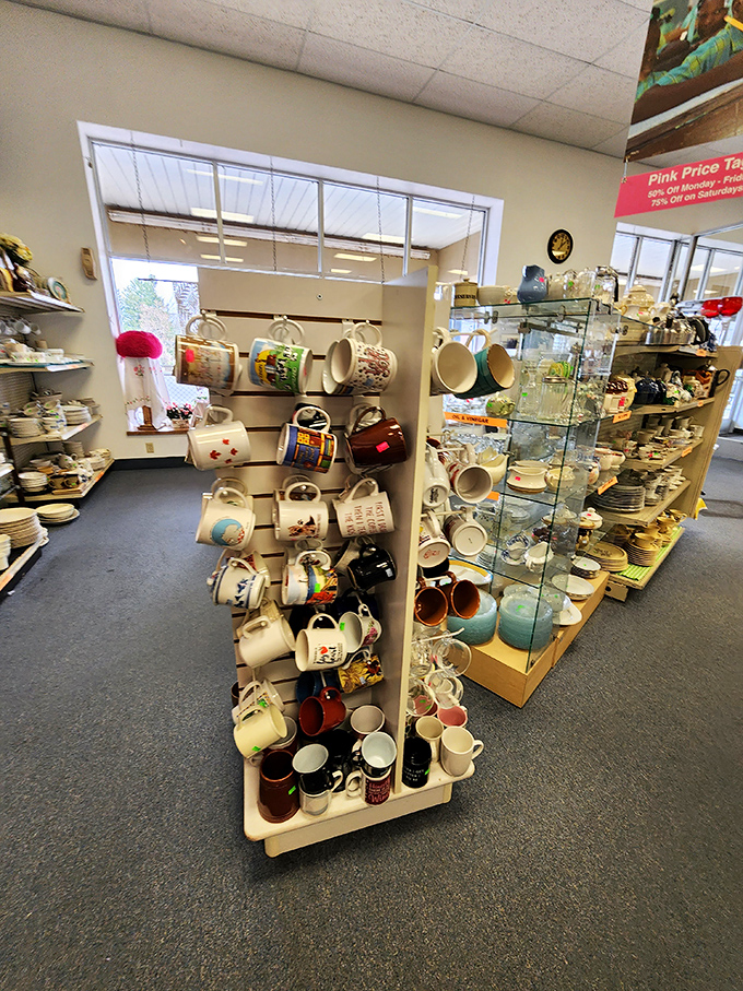 Mug collectors, brace yourselves! This display offers enough coffee vessels to match your every mood, outfit, or weather forecast.