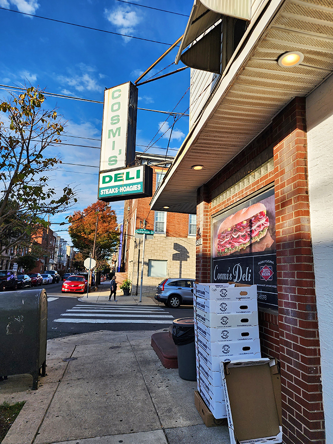 Fall foliage frames the deli's entrance like nature's way of highlighting culinary greatness. Even the trees know something special happens inside.