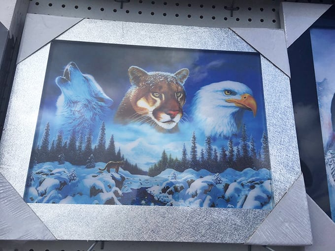 Majestic wildlife art that screams "Pennsylvania cabin decor." This eagle-wolf-cougar trifecta captures a certain patriotic wilderness aesthetic that's pure Americana.