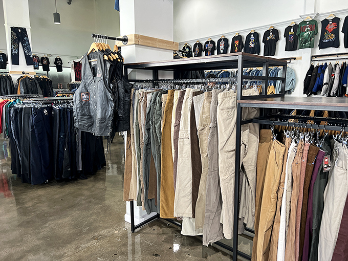 The pants section offers everything from workwear classics to statement pieces, all meticulously arranged by style and color.