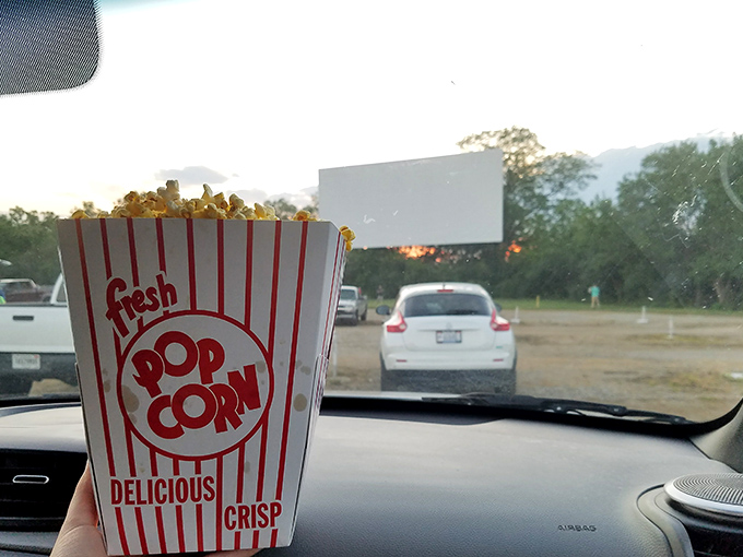 Nothing beats dashboard dining with fresh popcorn as your windshield frames the coming attractions. 