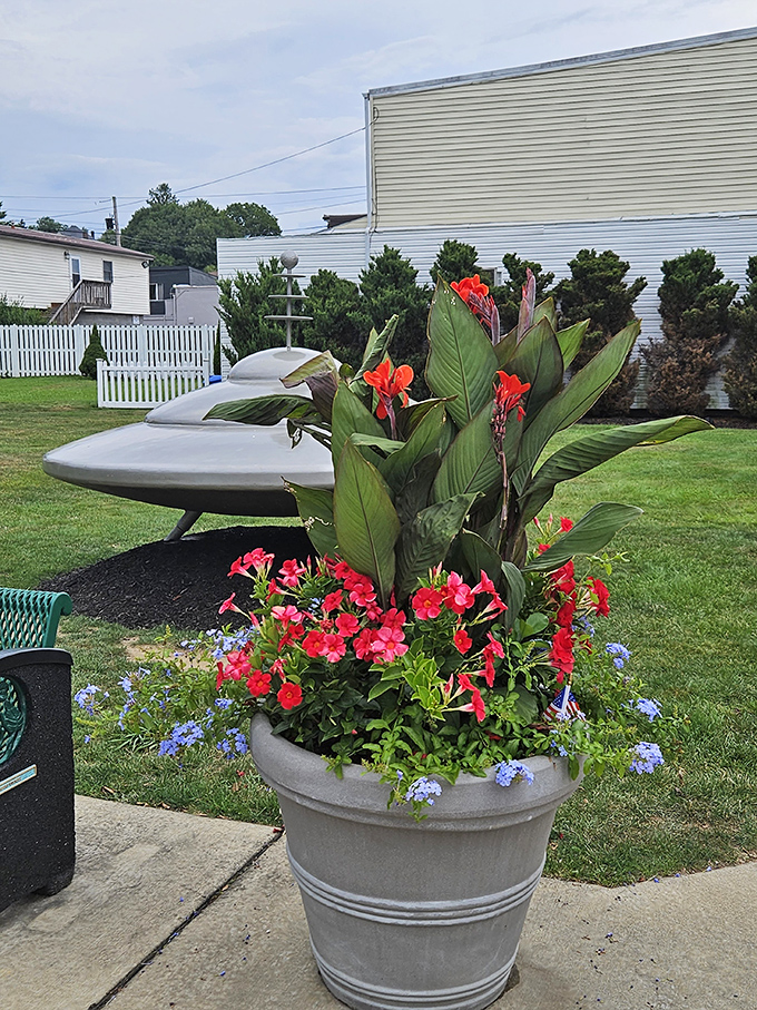 Earthly flowers provide a colorful contrast to the silver spacecraft, proving that Mars can indeed support beautiful life forms.
