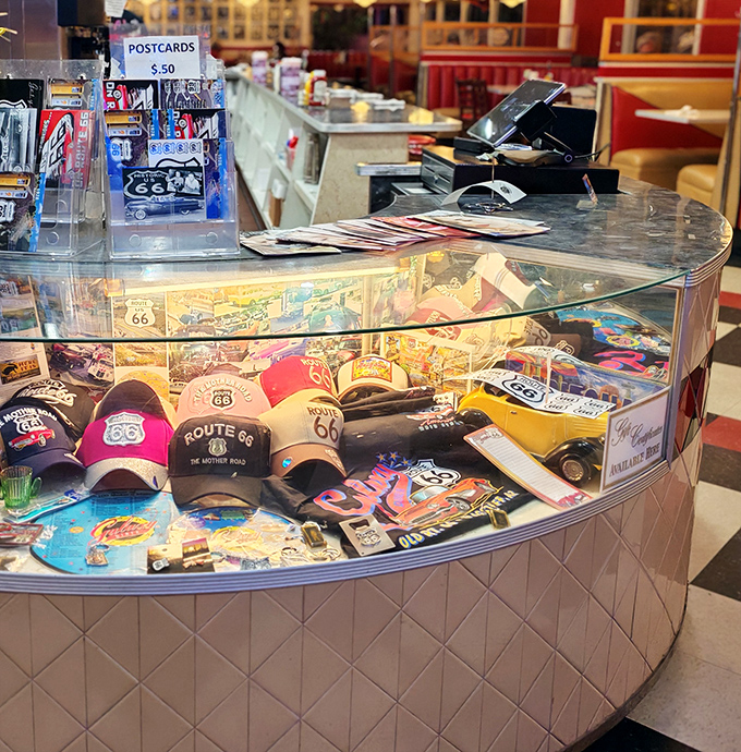 Route 66 memorabilia under glass&mdash;because some treasures, like the perfect roadside diner, deserve to be preserved for future generations.