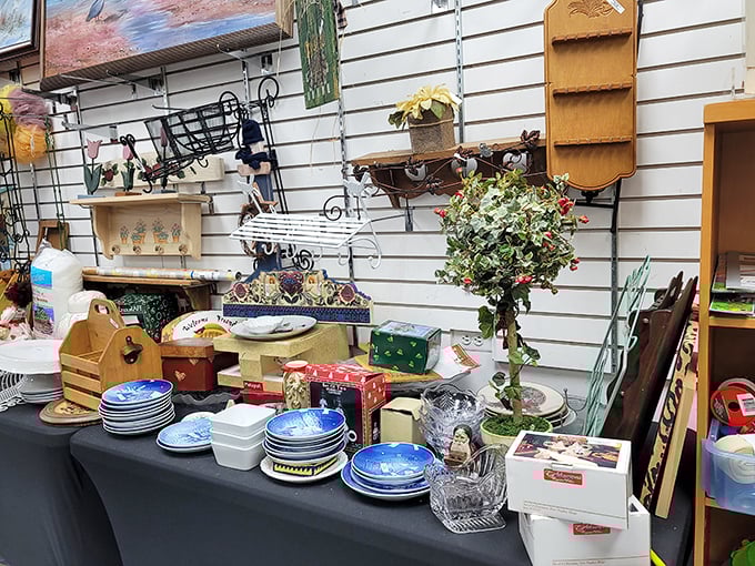 A carefully curated chaos of household items, where that serving platter you've been searching for has been hiding all along.