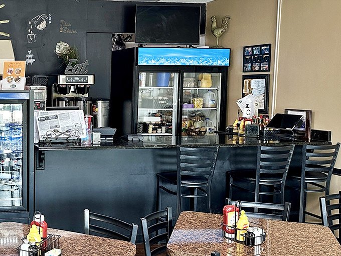 The coffee station and register area&mdash;command central for the morning happiness operations that fuel Naples one perfect breakfast at a time.