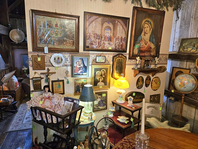 Sacred art meets vintage charm in this corner where religious iconography creates an unexpected sanctuary among the antiques and collectibles.