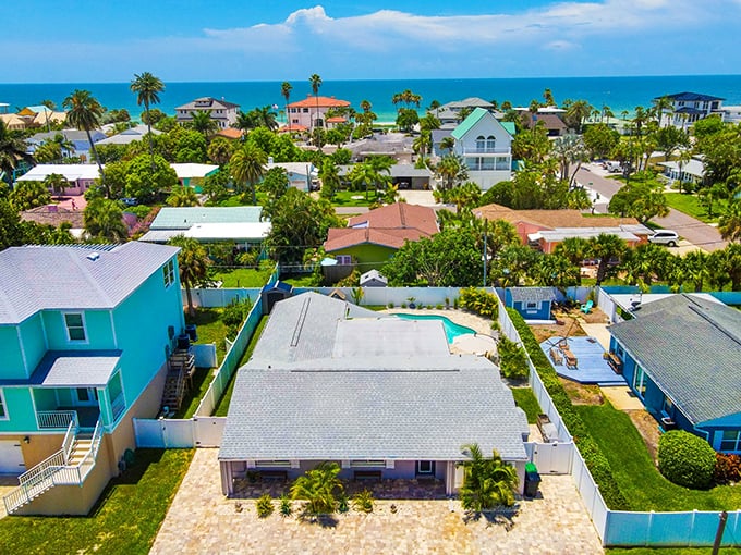 Pastel-colored homes with private pools dot the landscape &ndash; modest yet comfortable living spaces just a seashell's throw from the Gulf.