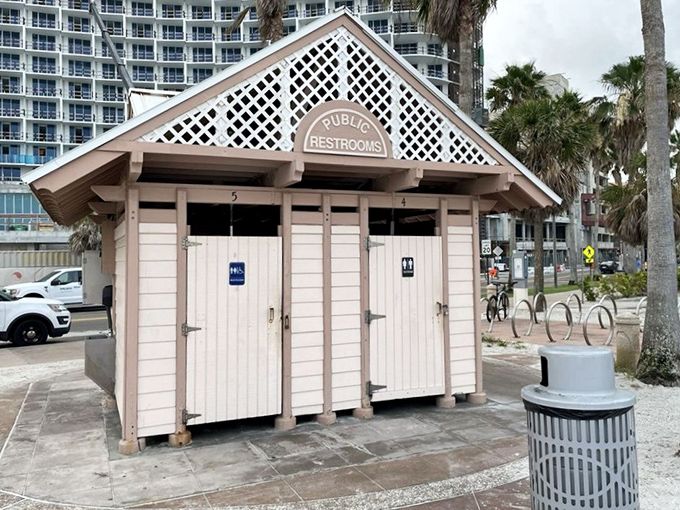 Even the beachside restrooms embrace Florida's charming coastal architecture, proving function and form can coexist beautifully in public facilities.