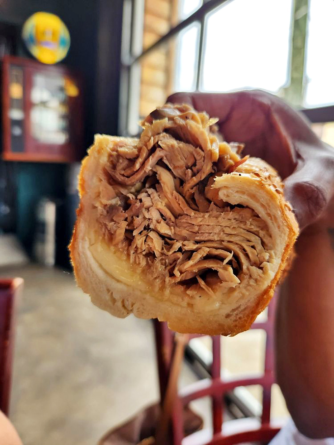 A cross-section view of perfectly layered meat that reveals the architectural genius behind a properly constructed sandwich.