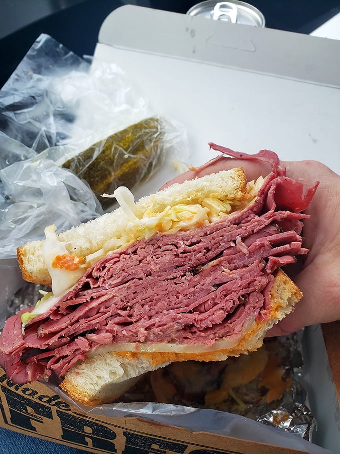 A sandwich so packed with corned beef it requires jaw exercises beforehand. This isn't lunch&mdash;it's a commitment to excellence.