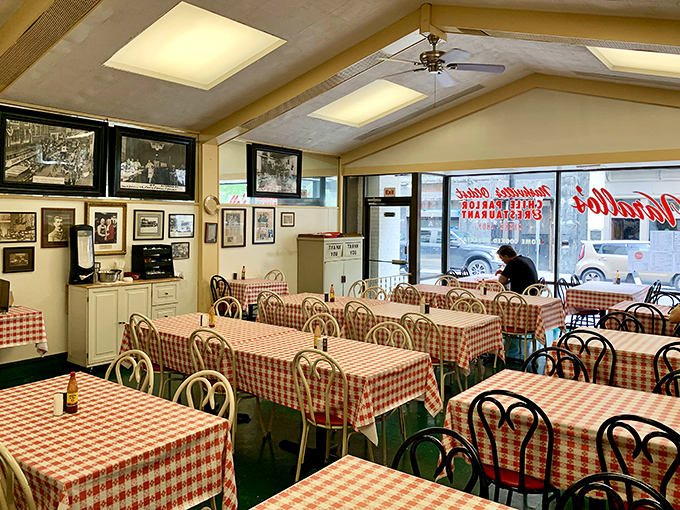Empty tables waiting for the lunch rush&mdash;each with stories to tell of deals made, hearts broken, and friendships cemented over bowls of chili.