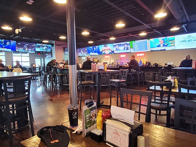 The dining area has that perfect sports bar energy&mdash;casual enough for wings, nice enough for a first date that's going really well.