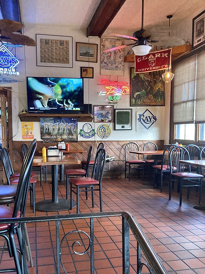 The dining room feels like a sports museum where you can eat, with Tampa Bay Rays memorabilia watching over your meal like proud parents.