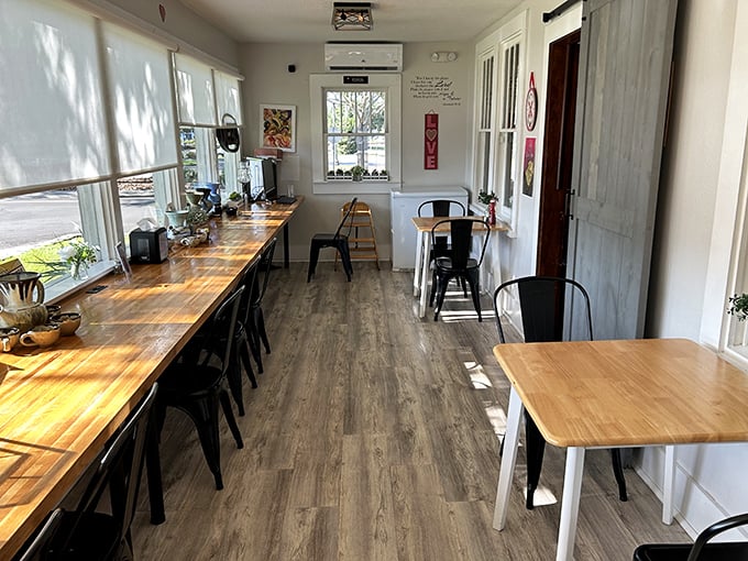Sunlight streams through windows onto butcher-block counters, creating the perfect spot to contemplate life's big questions&mdash;like whether to order a second coffee.