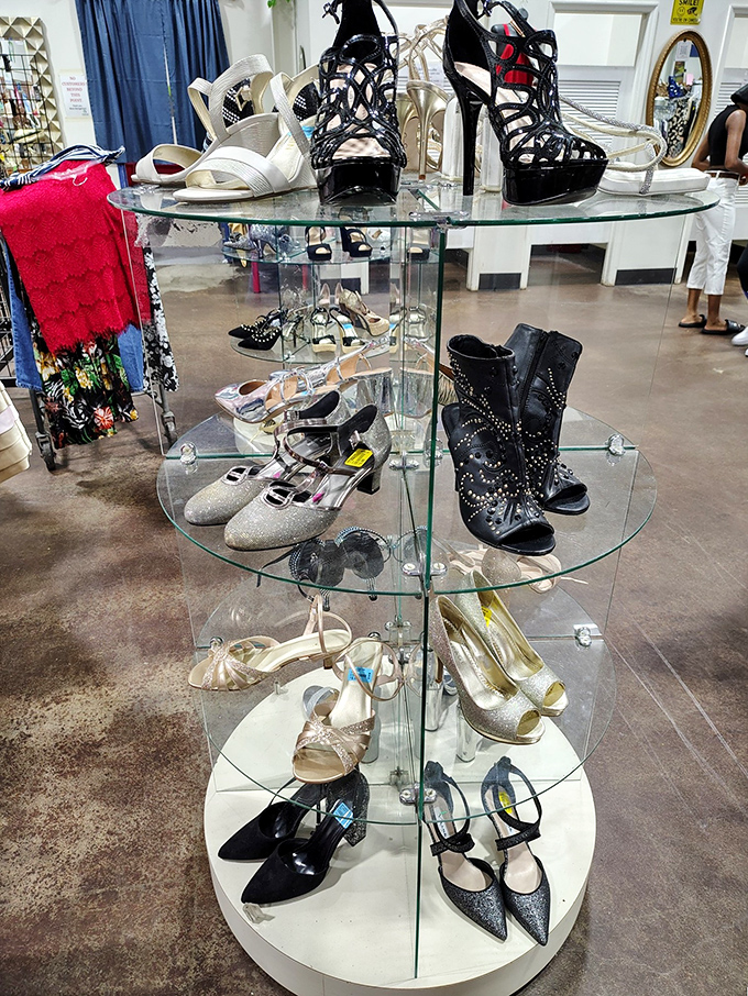 The glass shoe display &ndash; where Cinderella would shop if the palace budget got tight. Fancy footwear awaits!