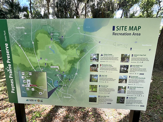 The park map reveals trails and treasures scattered across 21,000 acres of pure Florida wilderness.