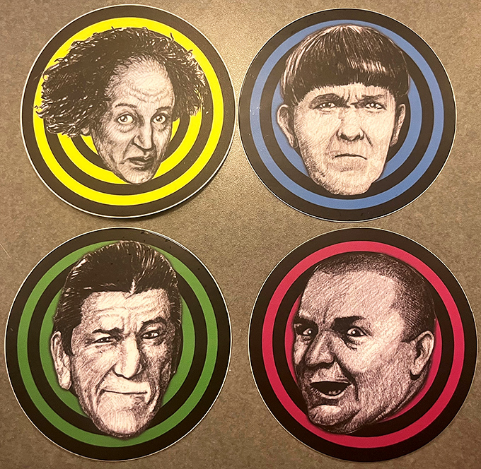 Collectible Stooge face coasters prove that even at dinner parties, these comedy legends can still cause delightful disruption between courses.
