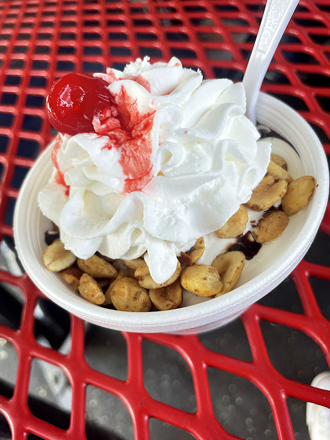 A sundae that speaks to your inner child&mdash;whipped cream mountain, cherry peak, and a foundation of peanuts that adds the perfect crunch.