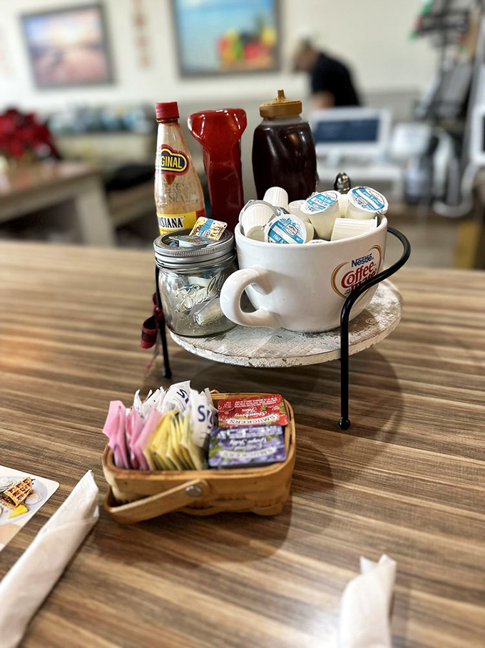 The condiment caddy &ndash; breakfast's unsung hero, where Louisiana hot sauce meets maple syrup in a delicious democracy of flavor enhancement.